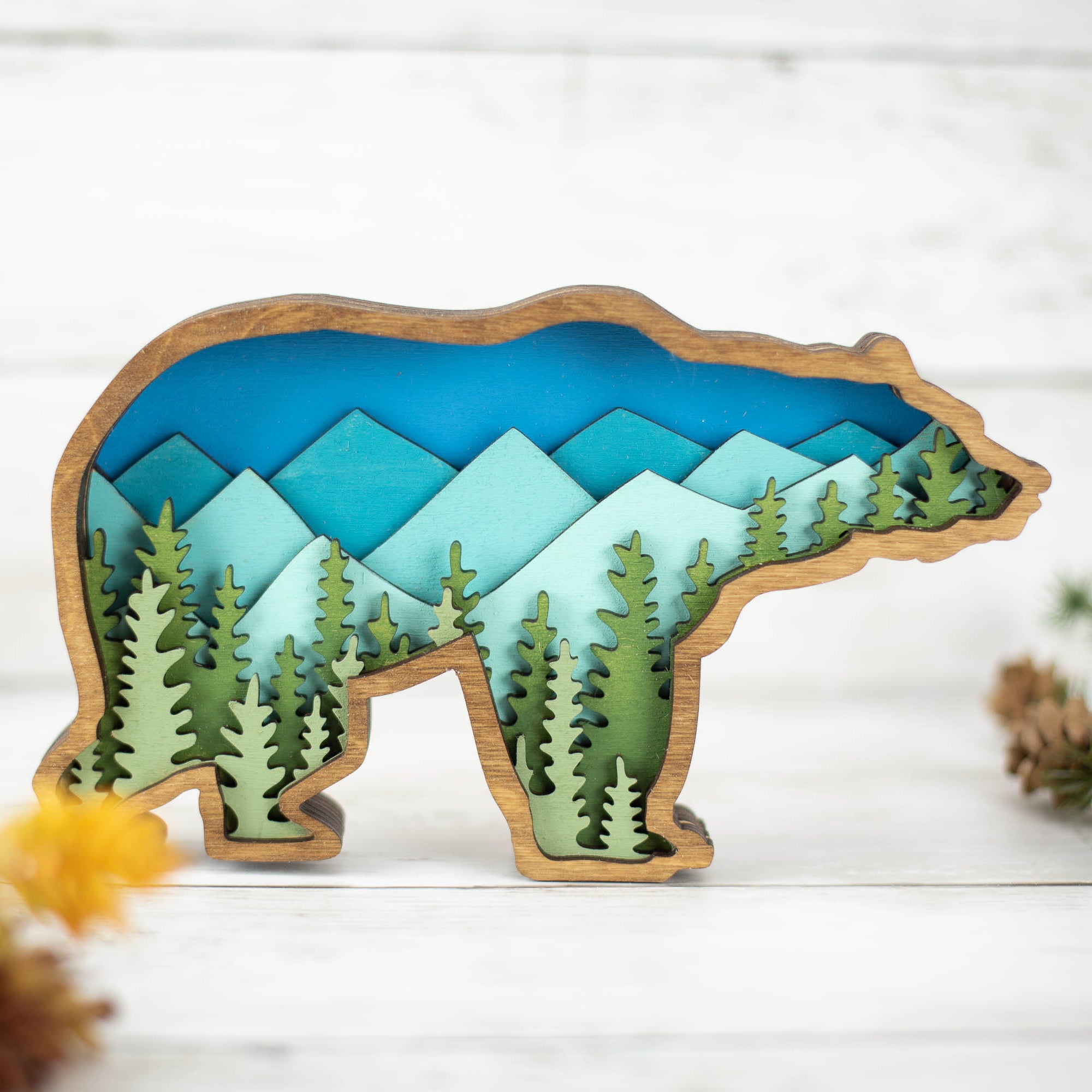 Standing 3D Layered Woodland Animals Bears Bison Mountains and Trees ...